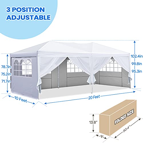 Quictent 10x20 Ft Ez Pop Up Canopy Wedding Party Tent with Sidewalls,Folding Instant Canopy Tents for Outdoor Parties,6 Sand Bags Included(White)