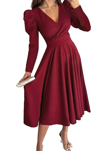 Dokotoo Womens Wedding Guest Dresses for Women 2023 A Line Swing Wrap Sexy V Neck Long Bubble Sleeve High Waist Solid Formal Party Graduation Cocktail Midi Dress Summer Fall Clothing Red X-Large