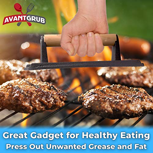 Pro Grade, Pre Seasoned Cast Iron Grill Weight 2Pk. Heavy Duty Steak and Burger Press with Wooden Handle for Grills, Griddles and Flattops. Perfect Gadget for Bacon, Paninis, Sandwiches and Vegetables