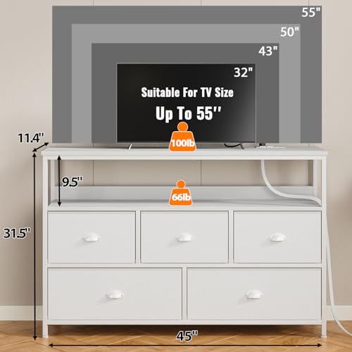 Furologee White TV Stand for Bedroom with Outlet for 55" TV, Long 45" Console Sofa Table with 5 Drawers, Entryway Table with Storage Shelves, Tall Entertainment Center for Living Room, Hallway