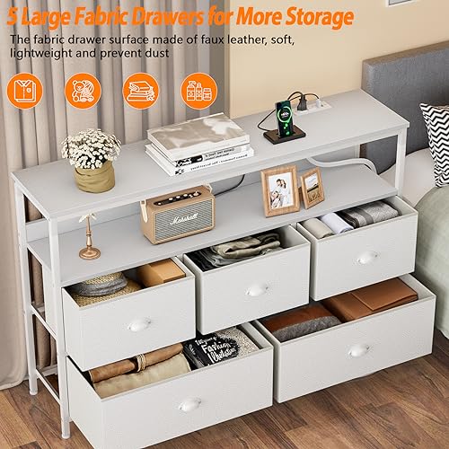 Furologee White TV Stand for Bedroom with Outlet for 55" TV, Long 45" Console Sofa Table with 5 Drawers, Entryway Table with Storage Shelves, Tall Entertainment Center for Living Room, Hallway