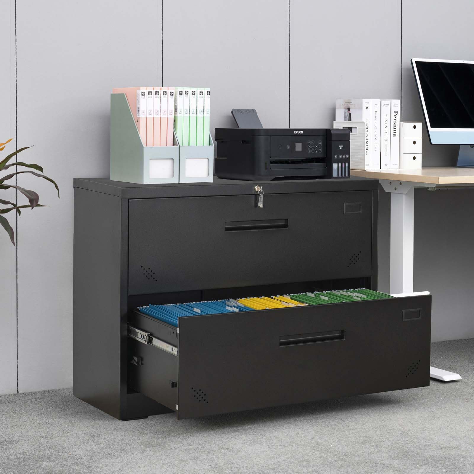 Modern Metal Lateral File Cabinet with Lock, Locking Wide File Cabinet with Large Drawer, Large Deep Storage Cabinet Locked by Keys for Home Office Letter/Legal/F4/A4 Size (Black2)