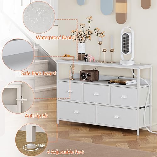 Furologee White TV Stand for Bedroom with Outlet for 55" TV, Long 45" Console Sofa Table with 5 Drawers, Entryway Table with Storage Shelves, Tall Entertainment Center for Living Room, Hallway
