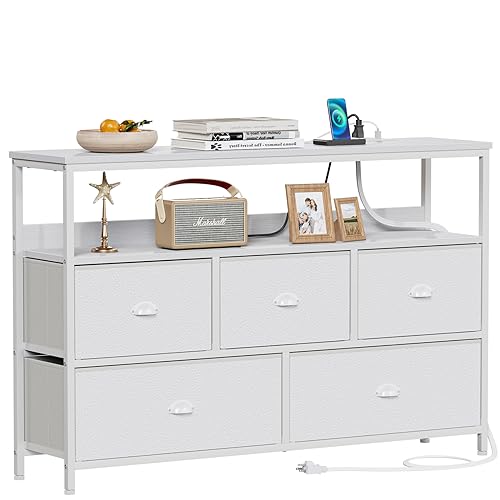 Furologee White TV Stand for Bedroom with Outlet for 55" TV, Long 45" Console Sofa Table with 5 Drawers, Entryway Table with Storage Shelves, Tall Entertainment Center for Living Room, Hallway