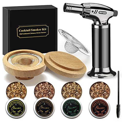 Cocktail Smoker Kit With Torch, Bourbon Smoker Kit Include Four Flavors Wood Chips,Drink Smoker, Whiskey Smoker Gifts For Men, Dad, Husband (Without Butane)