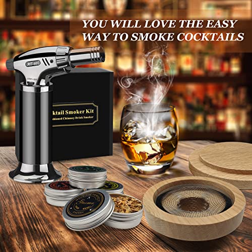 Cocktail Smoker Kit With Torch, Bourbon Smoker Kit Include Four Flavors Wood Chips,Drink Smoker, Whiskey Smoker Gifts For Men, Dad, Husband (Without Butane)