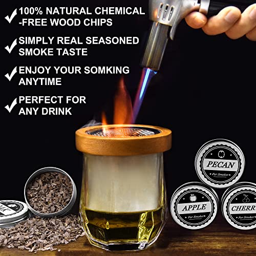 Cocktail Smoker Kit - Bourbon Drink Smoker & 4 Flavors Wood Chips-Old Fashioned Chimney Drink Smoker Kit for Infuse Whiskey, Cocktail, Wine, Meat, Cheese -Gift for Whiskey Lovers, Dad, Husband, Men