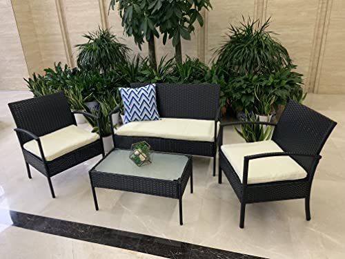 StellaHome Rattan Patio Outdoor Furniture Sets 4 Pieces Wicker Chairs Loveseats with Extra Cushion Covers for Replacement (Black Wicker/Grey&Beige Cushions)