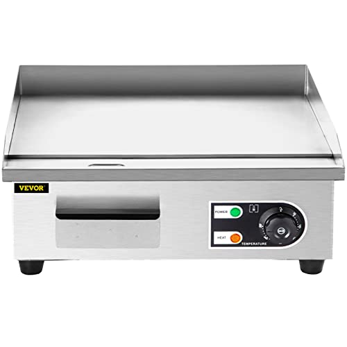 VEVOR Commercial Electric Griddle, 18" Teppanyaki Grill, 1600W Electric Flat Top Grill, Stainless Steel Electric Countertop Griddle w/Drip Hole, 50-300β Countertop Griddle for Pancake, Chicken