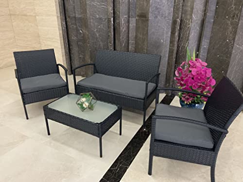 StellaHome Rattan Patio Outdoor Furniture Sets 4 Pieces Wicker Chairs Loveseats with Extra Cushion Covers for Replacement (Black Wicker/Grey&Beige Cushions)