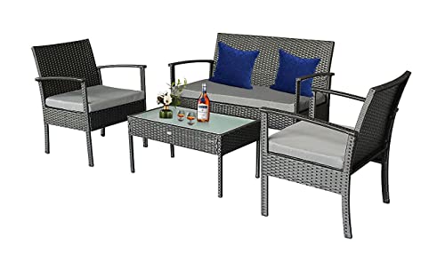 StellaHome Rattan Patio Outdoor Furniture Sets 4 Pieces Wicker Chairs Loveseats with Extra Cushion Covers for Replacement (Black Wicker/Grey&Beige Cushions)