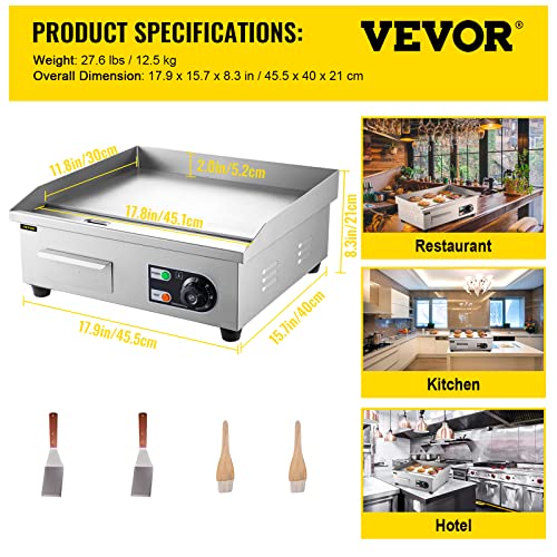 VEVOR Commercial Electric Griddle, 18" Teppanyaki Grill, 1600W Electric Flat Top Grill, Stainless Steel Electric Countertop Griddle w/Drip Hole, 50-300β Countertop Griddle for Pancake, Chicken