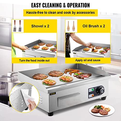 VEVOR Commercial Electric Griddle, 18" Teppanyaki Grill, 1600W Electric Flat Top Grill, Stainless Steel Electric Countertop Griddle w/Drip Hole, 50-300β Countertop Griddle for Pancake, Chicken