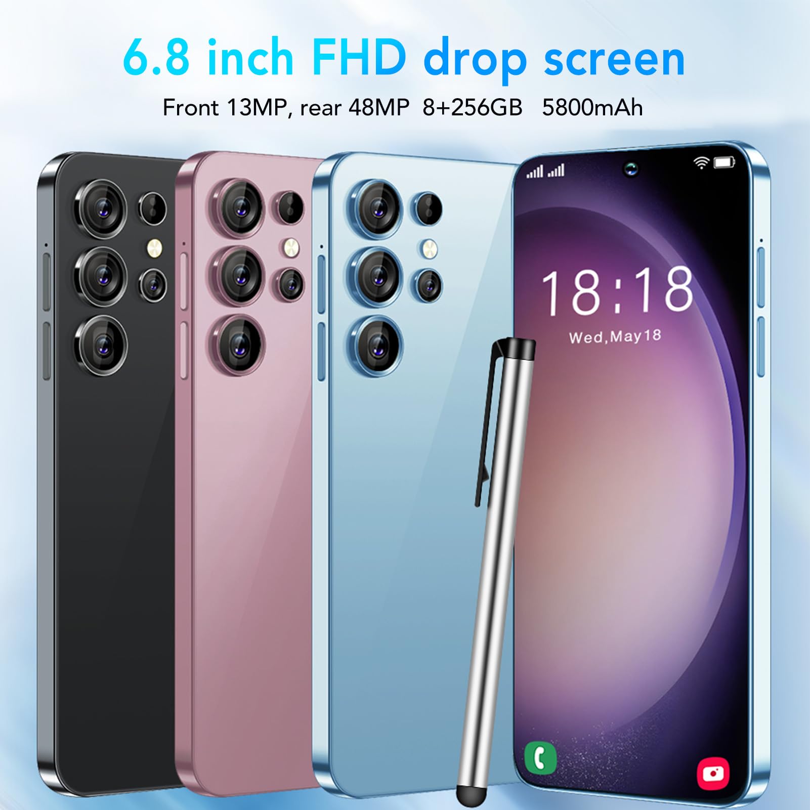 Yoidesu Unlocked Cell Phone for Android, 6.8 Inch FHD Ultra Thin Smartphone with Pen, 8GB RAM 256GB ROM Expansion, 5800mAh Battery, Dual Card Dual Standby 4G Mobile Phone (Black)