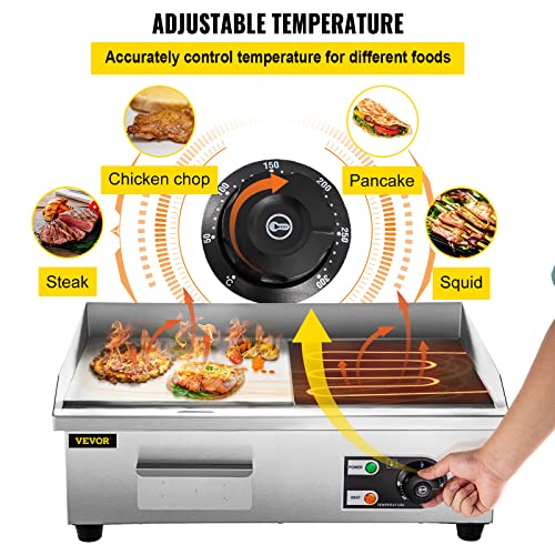 VEVOR Commercial Electric Griddle, 18" Teppanyaki Grill, 1600W Electric Flat Top Grill, Stainless Steel Electric Countertop Griddle w/Drip Hole, 50-300β Countertop Griddle for Pancake, Chicken