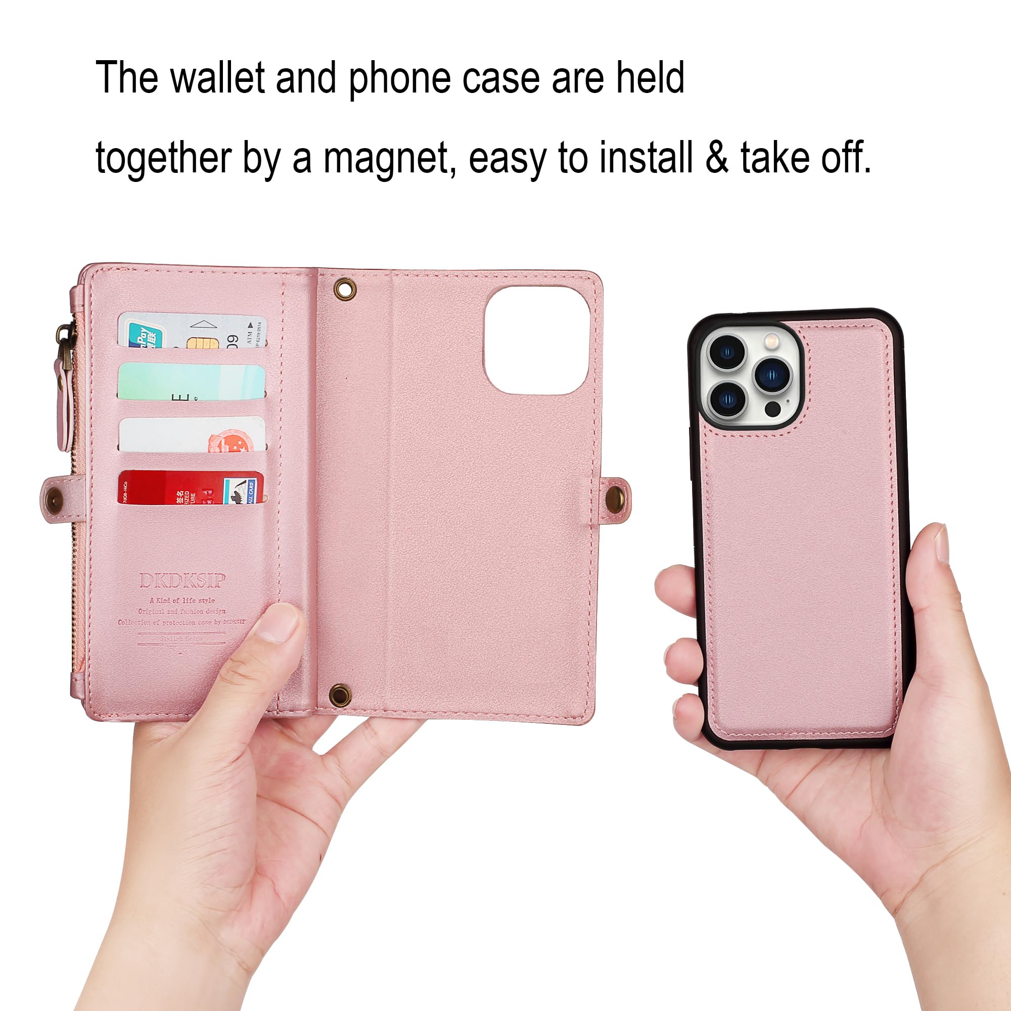 DKDKSIP for iPhone 15 Pro Wallet Case for Women, Support Wireless Charging with RFID Blocking Card Holder, PU Leather Zipper Wallet Detachable Magnetic Phone Case with Crossbody Strap, Pink