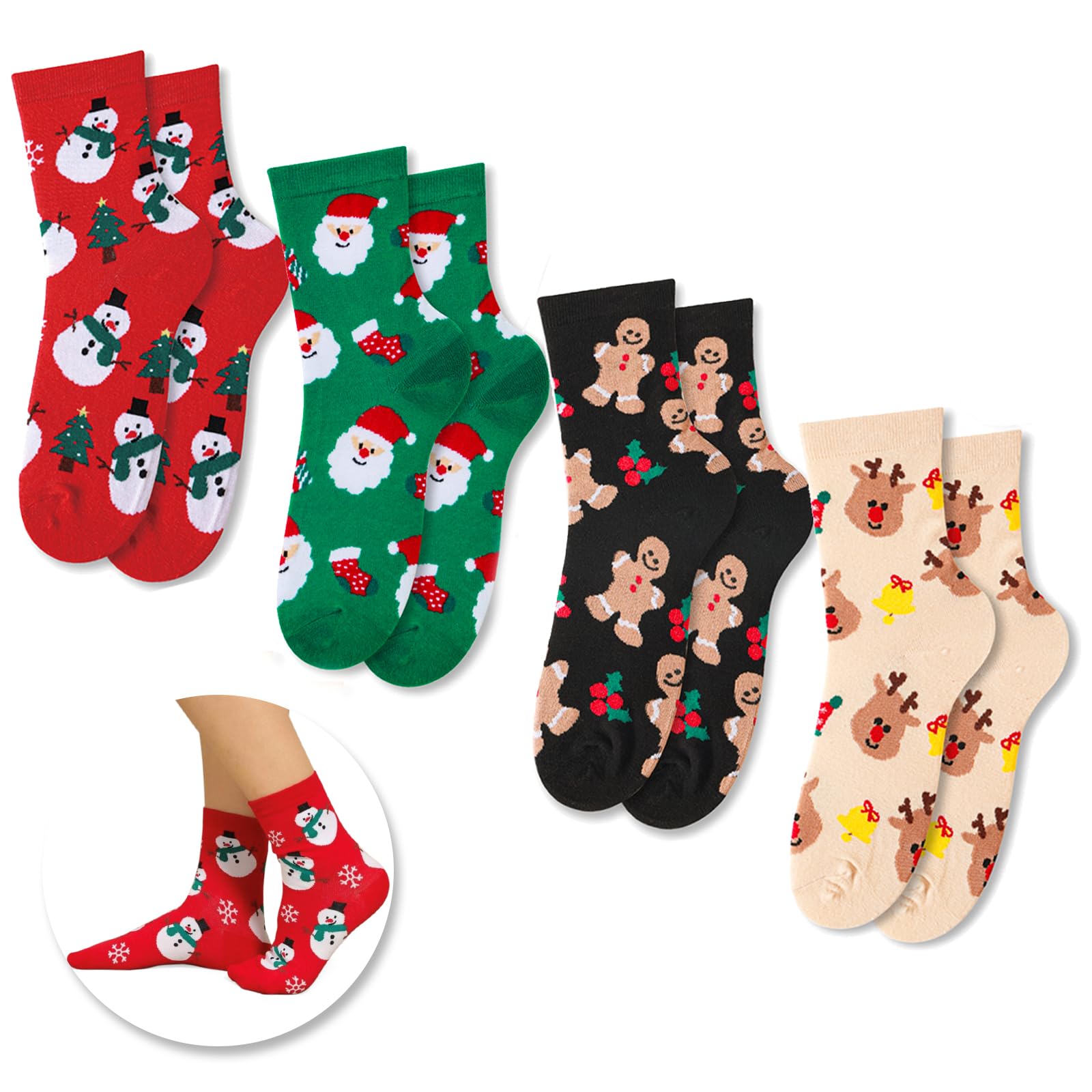 Fun Novelty Christmas Socks Xmas Holiday Casual Crew Socks For Unisex,Santa Claus Fun Socks For Women 4PACKS