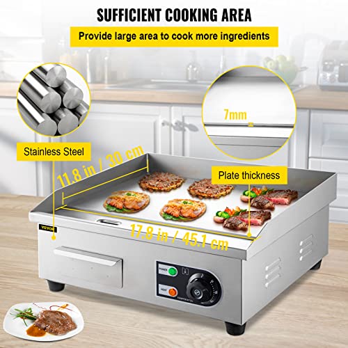 VEVOR Commercial Electric Griddle, 18" Teppanyaki Grill, 1600W Electric Flat Top Grill, Stainless Steel Electric Countertop Griddle w/Drip Hole, 50-300β Countertop Griddle for Pancake, Chicken