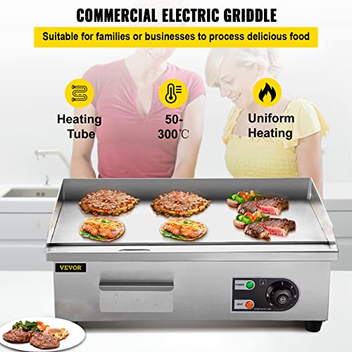 VEVOR Commercial Electric Griddle, 18" Teppanyaki Grill, 1600W Electric Flat Top Grill, Stainless Steel Electric Countertop Griddle w/Drip Hole, 50-300β Countertop Griddle for Pancake, Chicken