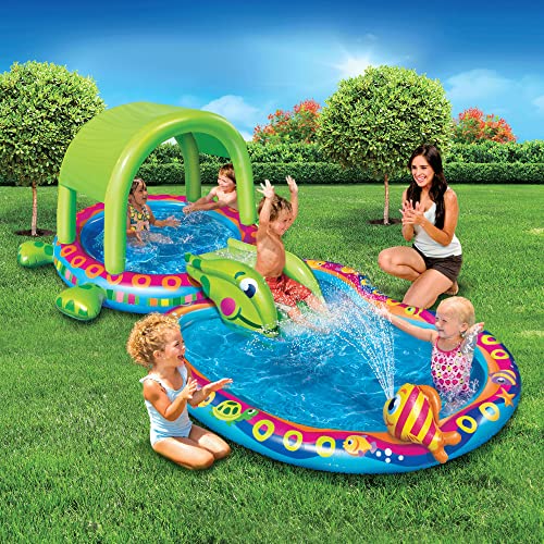 Banzai BAN-85319 Shade 'N Slide Turtle Heavy Duty Outdoor Toy Inflatable Kiddie Splash Pool Set with Sprinkler for Children and Kid Backyard Water Fun