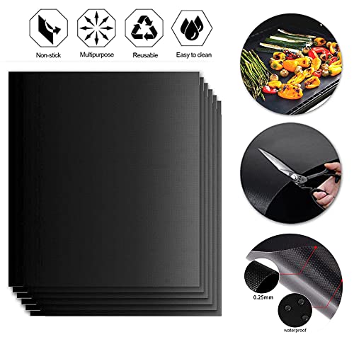 ZCMIAO BBQ Grill Mat, Thickness 0.25mm Non Stick BBQ Mat with Holes Heavy Duty 500 β Grill & Baking Mats (Set of 6), Easy Clean & Use BBQ Accessories, Reusable on Gas Charcoal Electric Grills Black