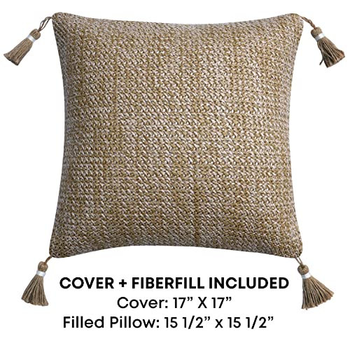Honeycomb Indoor/Outdoor Raffia Natural Square Toss Pillow with Tassels, Woven Faux Jute Fabric, Recycled Polyester Fill, Weather Resistant, 2 Pack of Decorative Toss Pillows: 17” x 17”