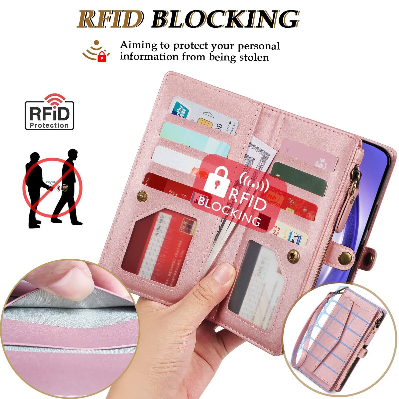 DKDKSIP for iPhone 15 Pro Max Wallet Case for Women, Support Wireless Charging with RFID Blocking Card Holder, PU Leather Zipper Wallet Detachable Magnetic Phone Case with Crossbody Strap, Pink