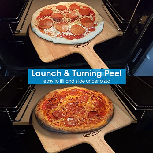 Unicook Pizza Stone and Peel, 16 x 14 Inch Baking Stone for Grill Oven, Thermal Shock Resistant Cooking Stone for Making Crisp Crust Pizza Bread, Includes Wooden Pizza Peel