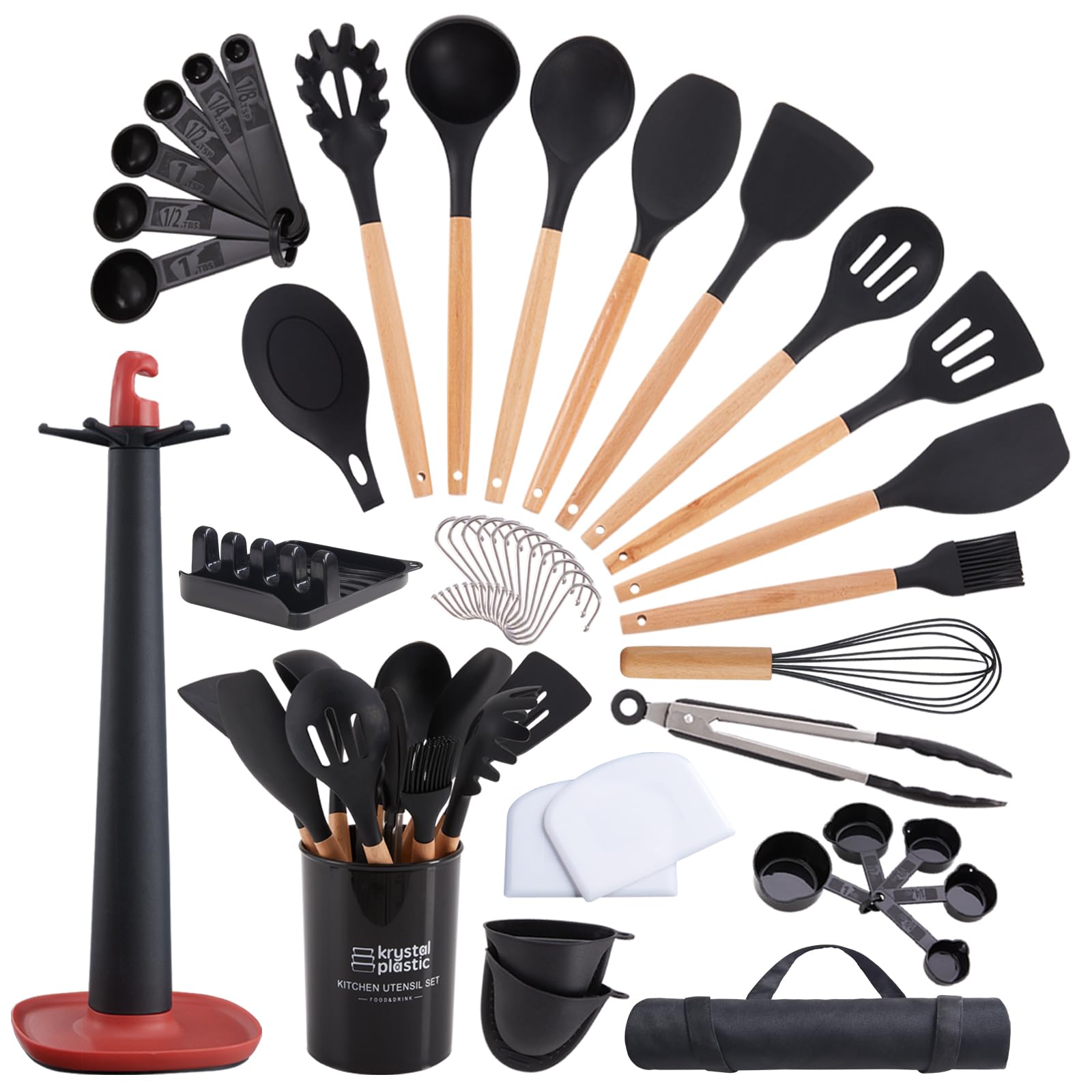 40 Pcs Cooking Utensils Set with Apron Silicone Turner Tong Spatula Spoon Kitchenware Organizer, BPA Free, Non-stick Heat Resistant Kitchen Gadgets Cookware with Natural Wooden Handle, Black