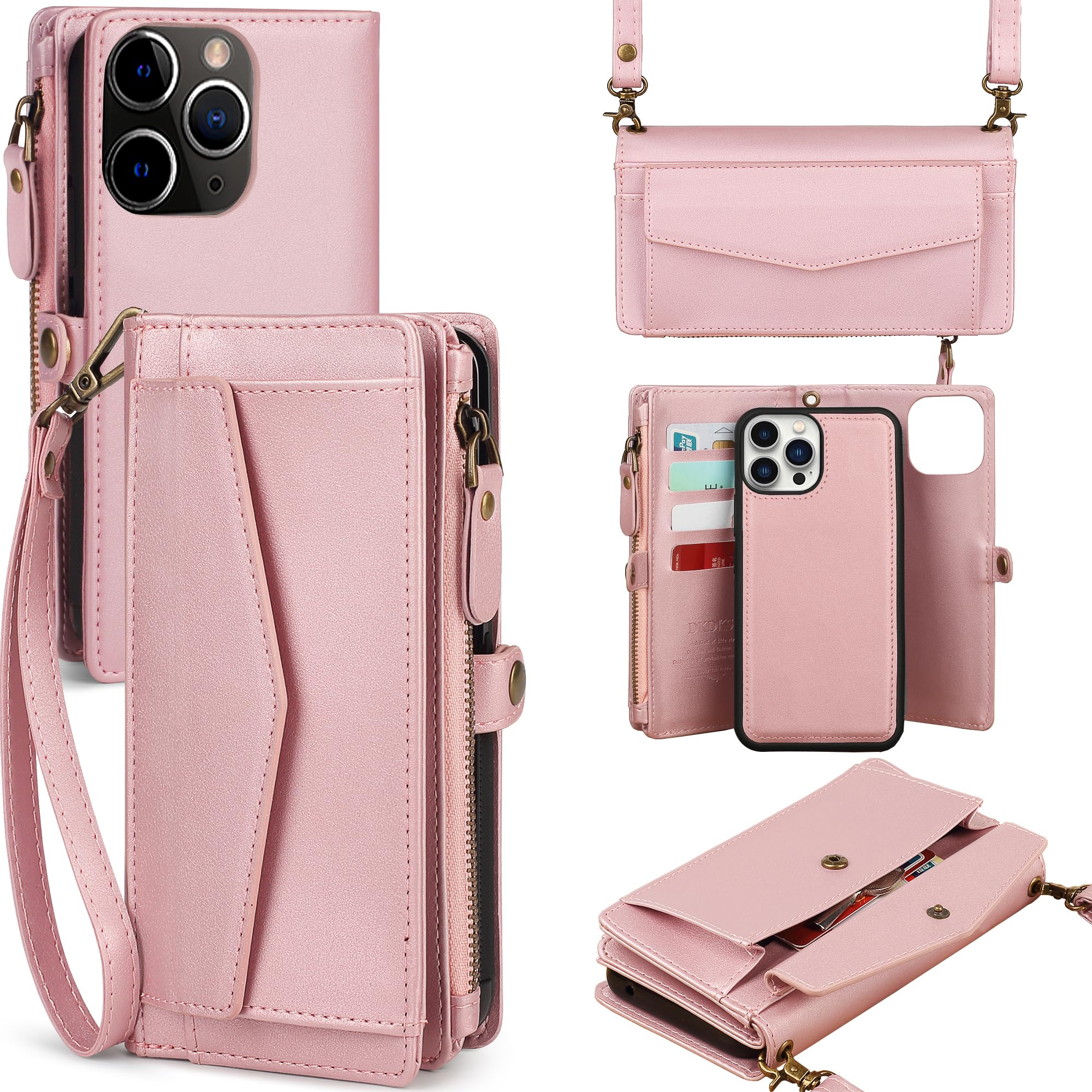 DKDKSIP for iPhone 15 Pro Max Wallet Case for Women, Support Wireless Charging with RFID Blocking Card Holder, PU Leather Zipper Wallet Detachable Magnetic Phone Case with Crossbody Strap, Pink