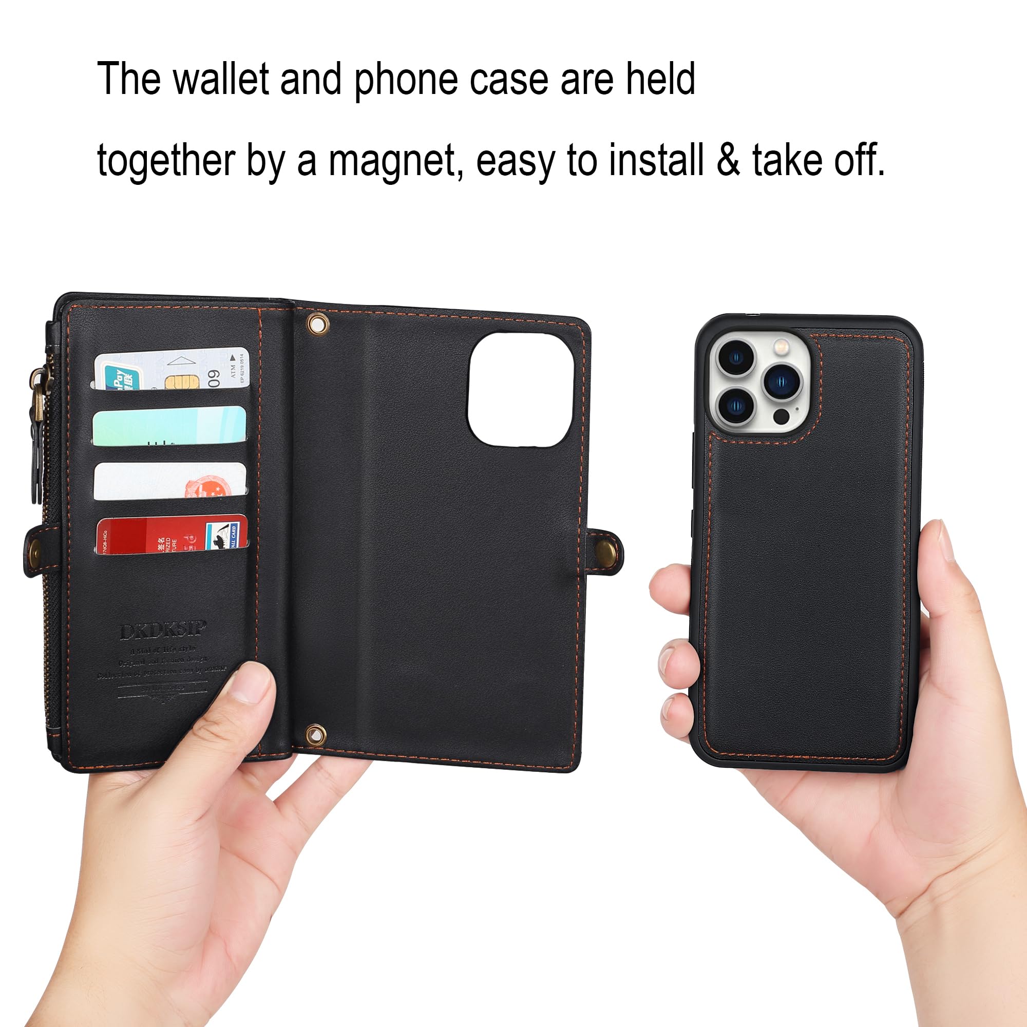 DKDKSIP for iPhone 15 Pro Max Wallet Case for Women, Support Wireless Charging with RFID Blocking Card Holder, PU Leather Zipper Wallet Detachable Magnetic Phone Case with Crossbody Strap, Black