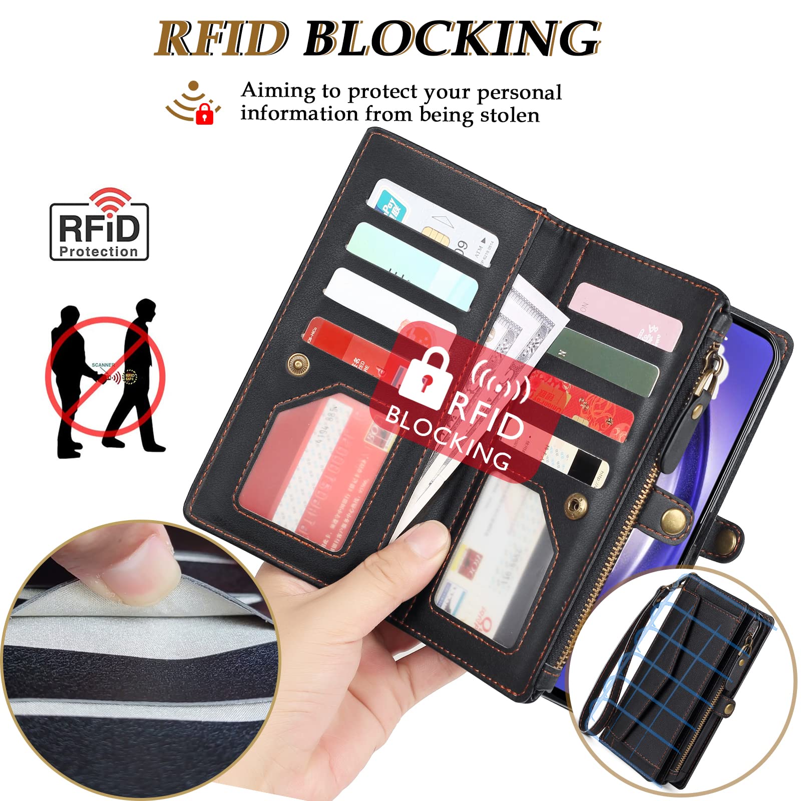 DKDKSIP for iPhone 15 Pro Max Wallet Case for Women, Support Wireless Charging with RFID Blocking Card Holder, PU Leather Zipper Wallet Detachable Magnetic Phone Case with Crossbody Strap, Black