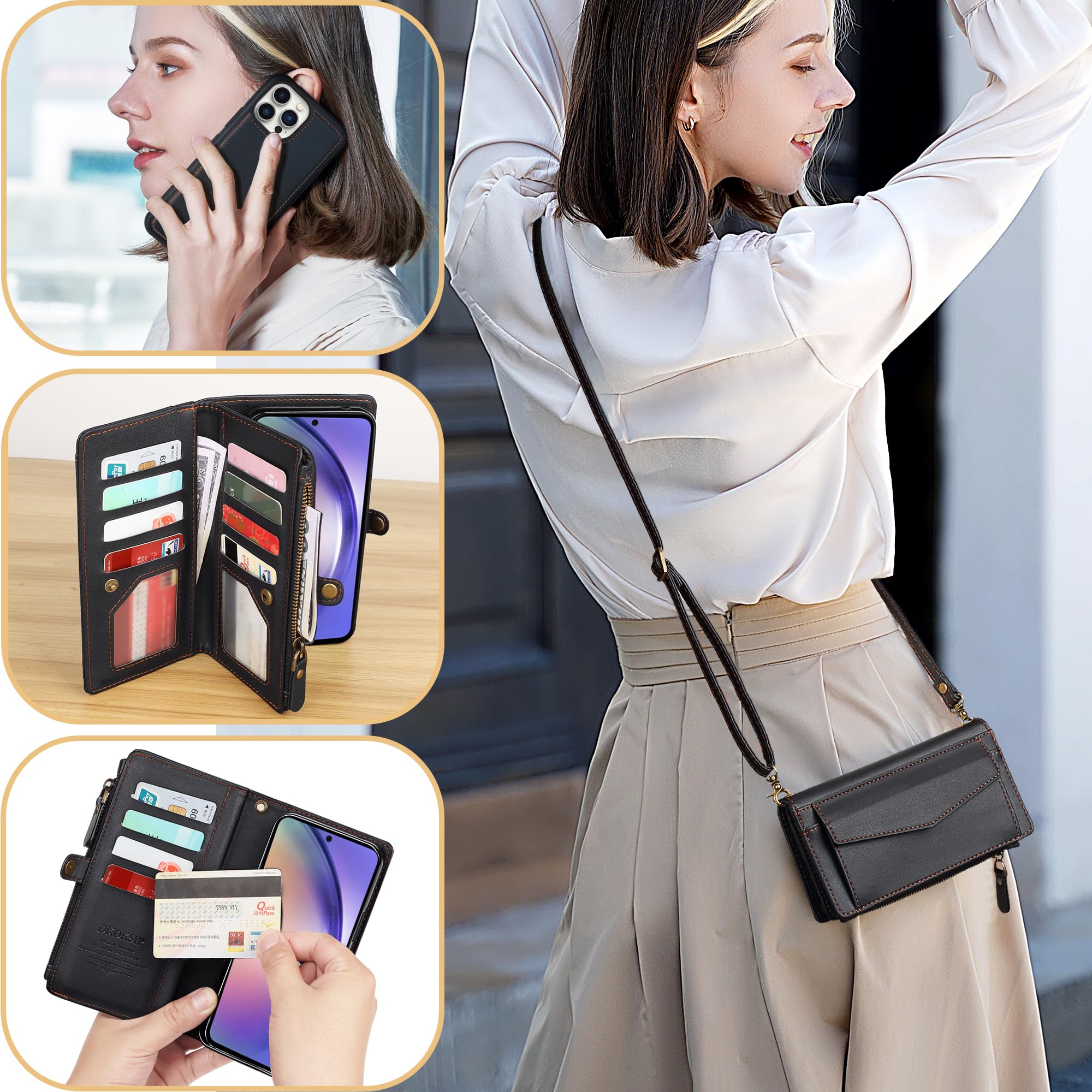 DKDKSIP for iPhone 15 Pro Max Wallet Case for Women, Support Wireless Charging with RFID Blocking Card Holder, PU Leather Zipper Wallet Detachable Magnetic Phone Case with Crossbody Strap, Black