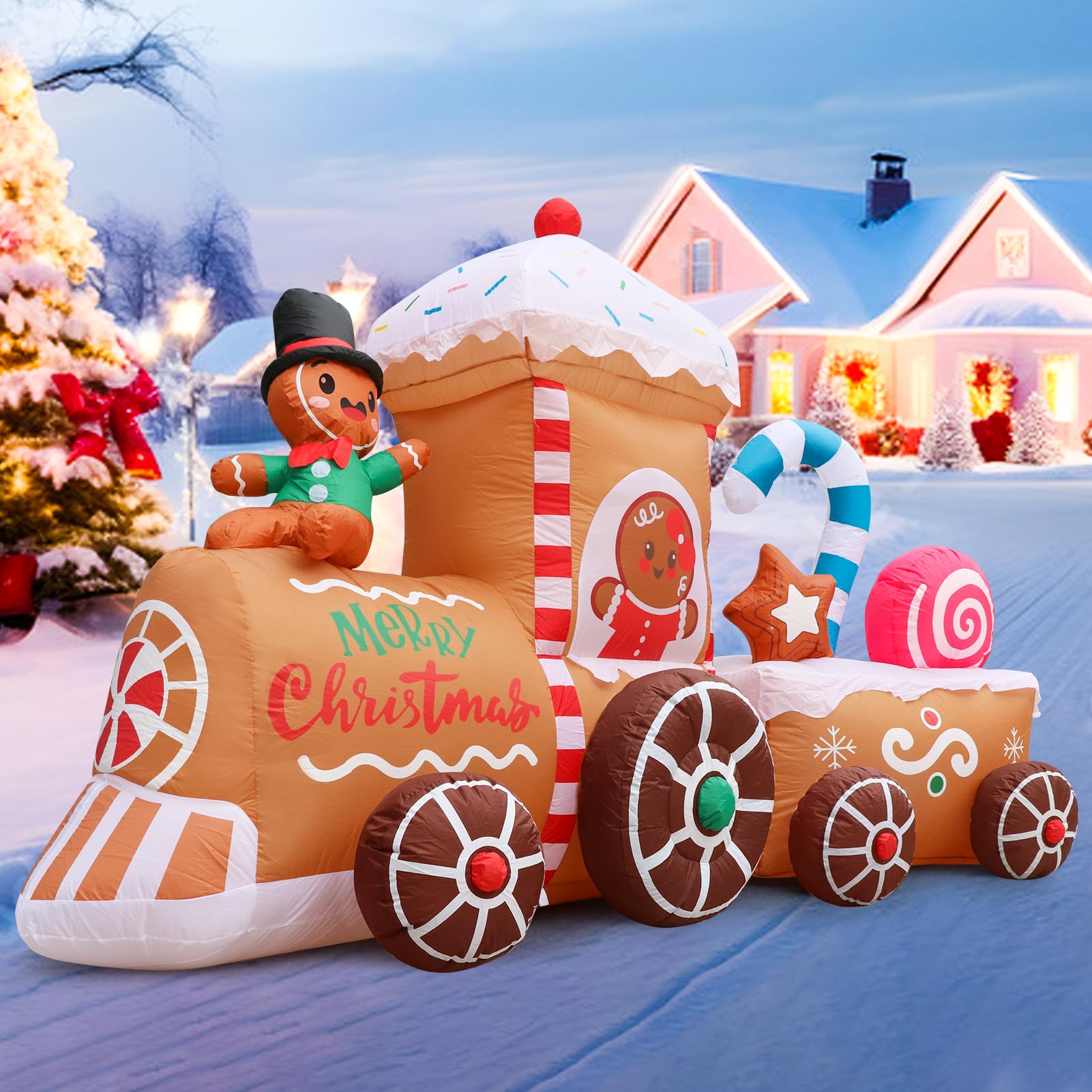 8ft Christmas Inflatable Train Decoration with LED Lights, Candy Canes, Gingerbread Men - For Outdoor
