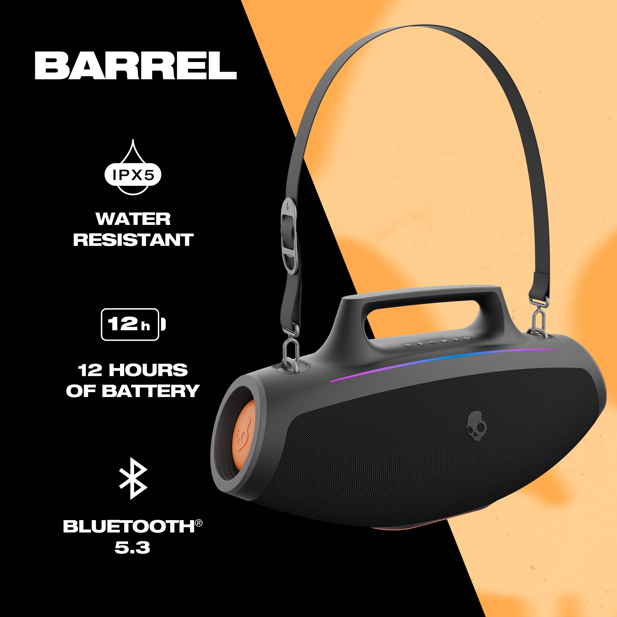 Skullcandy Barrel Bluetooth Boombox Speaker β Water-Resistant Wireless Portable Speaker, with LED Lightshow Mode, 12 Hour Battery, Multi-Link, & USB-C & USB-A Output Charging