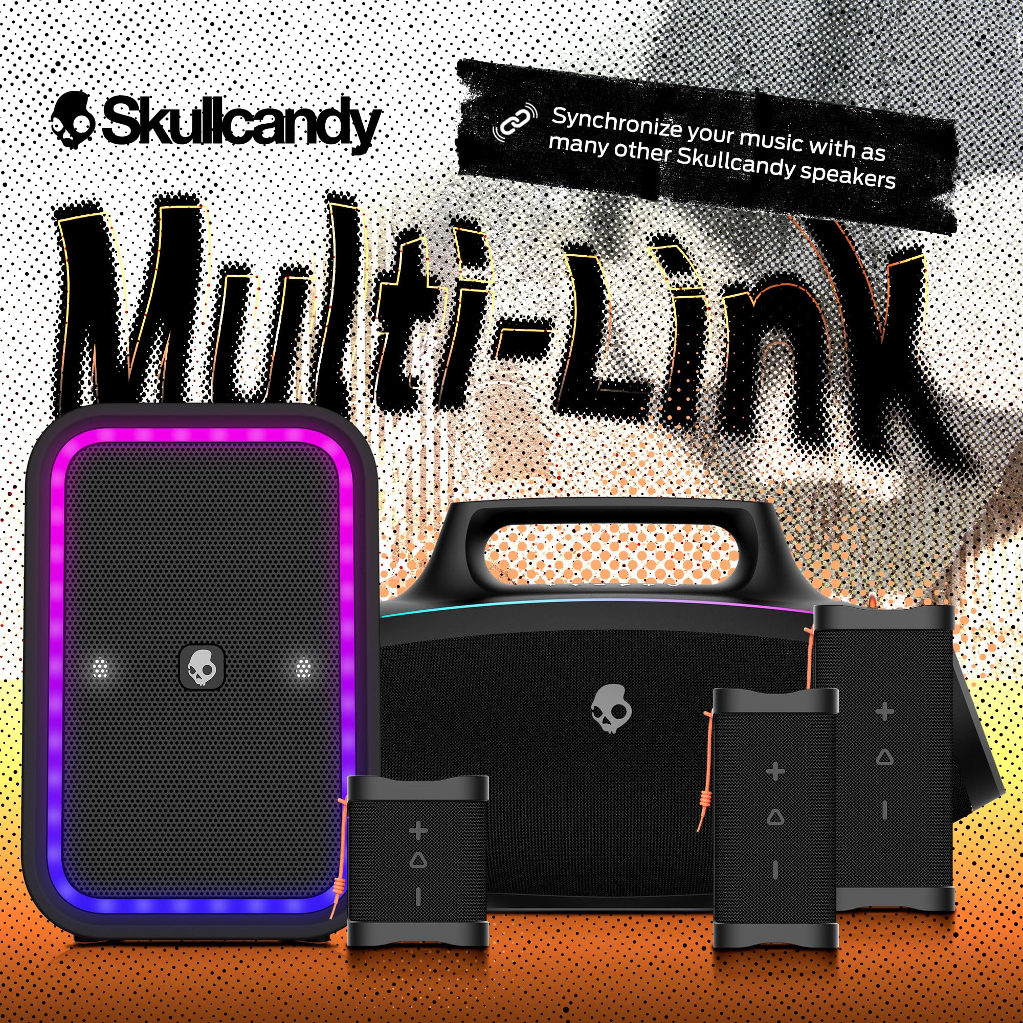 Skullcandy Barrel Bluetooth Boombox Speaker β Water-Resistant Wireless Portable Speaker, with LED Lightshow Mode, 12 Hour Battery, Multi-Link, & USB-C & USB-A Output Charging