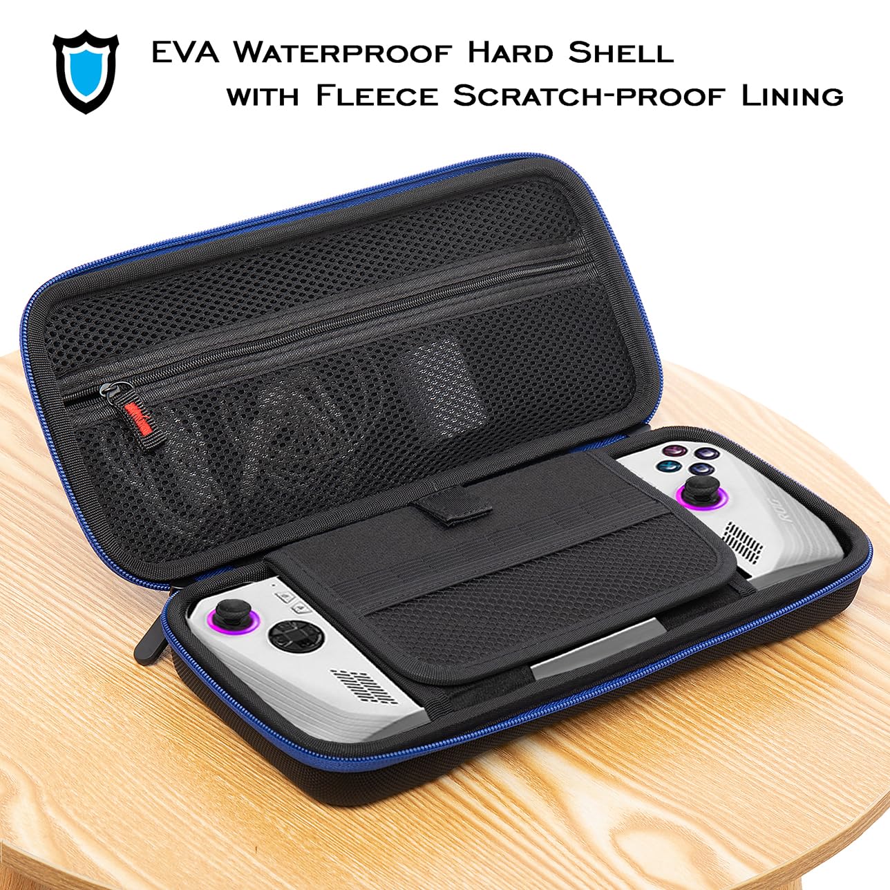 ADVcer Rog Ally Handheld Case, Waterproof EVA Hard Shell Flannel Soft Inner Protective Travel Case with Internal Transformable Game Console Stand, Double Zipper, Carrying Handle for Rog Ally 7" (Blue)