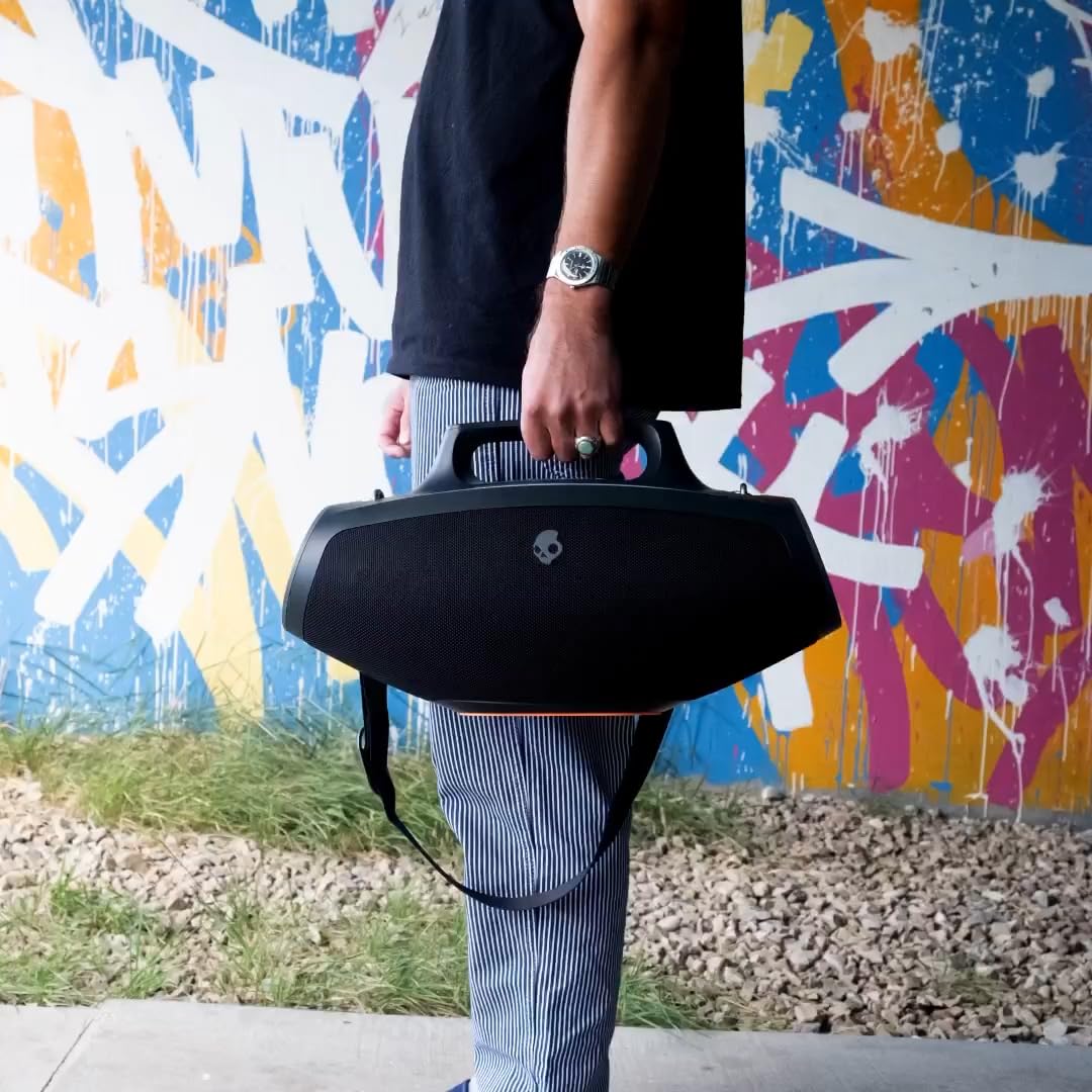 Skullcandy Barrel Bluetooth Boombox Speaker β Water-Resistant Wireless Portable Speaker, with LED Lightshow Mode, 12 Hour Battery, Multi-Link, & USB-C & USB-A Output Charging