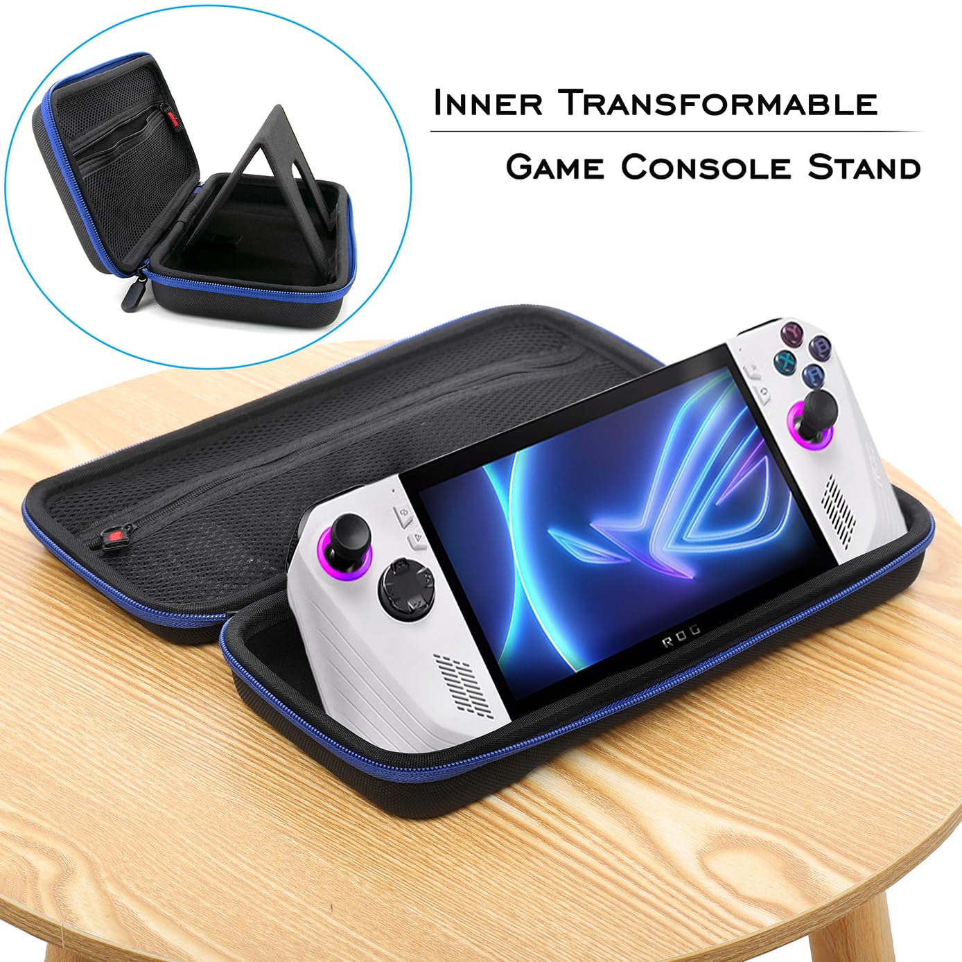 ADVcer Rog Ally Handheld Case, Waterproof EVA Hard Shell Flannel Soft Inner Protective Travel Case with Internal Transformable Game Console Stand, Double Zipper, Carrying Handle for Rog Ally 7" (Blue)