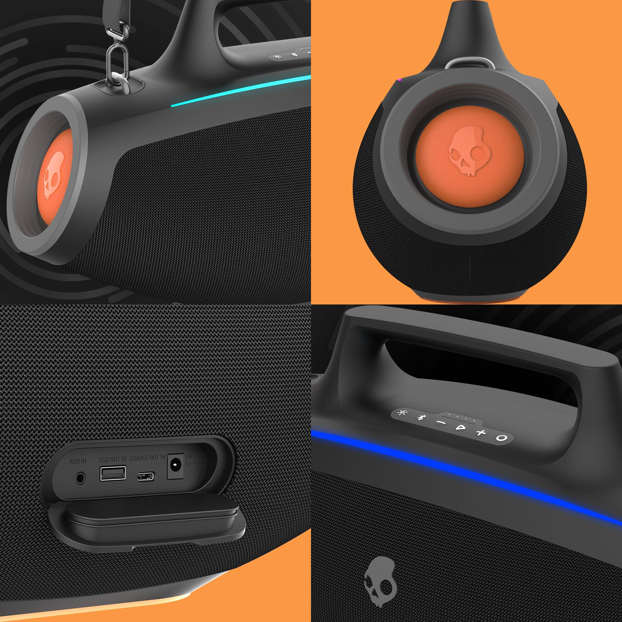 Skullcandy Barrel Bluetooth Boombox Speaker β Water-Resistant Wireless Portable Speaker, with LED Lightshow Mode, 12 Hour Battery, Multi-Link, & USB-C & USB-A Output Charging