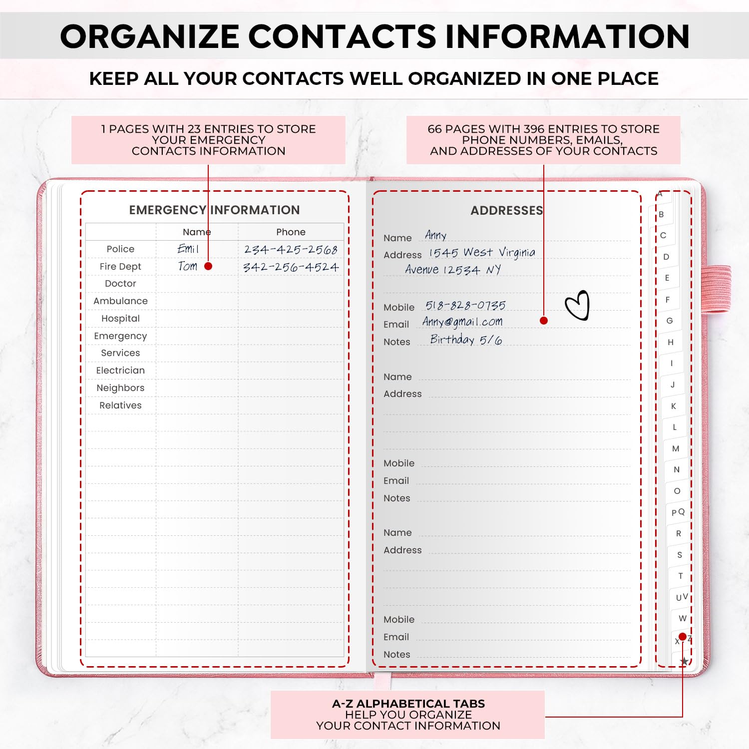 Address Book with Alphabetical Tabs,Hardcover Small Passwordbook,Phone Book Contact Book Large Print for Phone Numbers,Internet Website Logins,Address Books for Seniors 5"*7.6"-Pink
