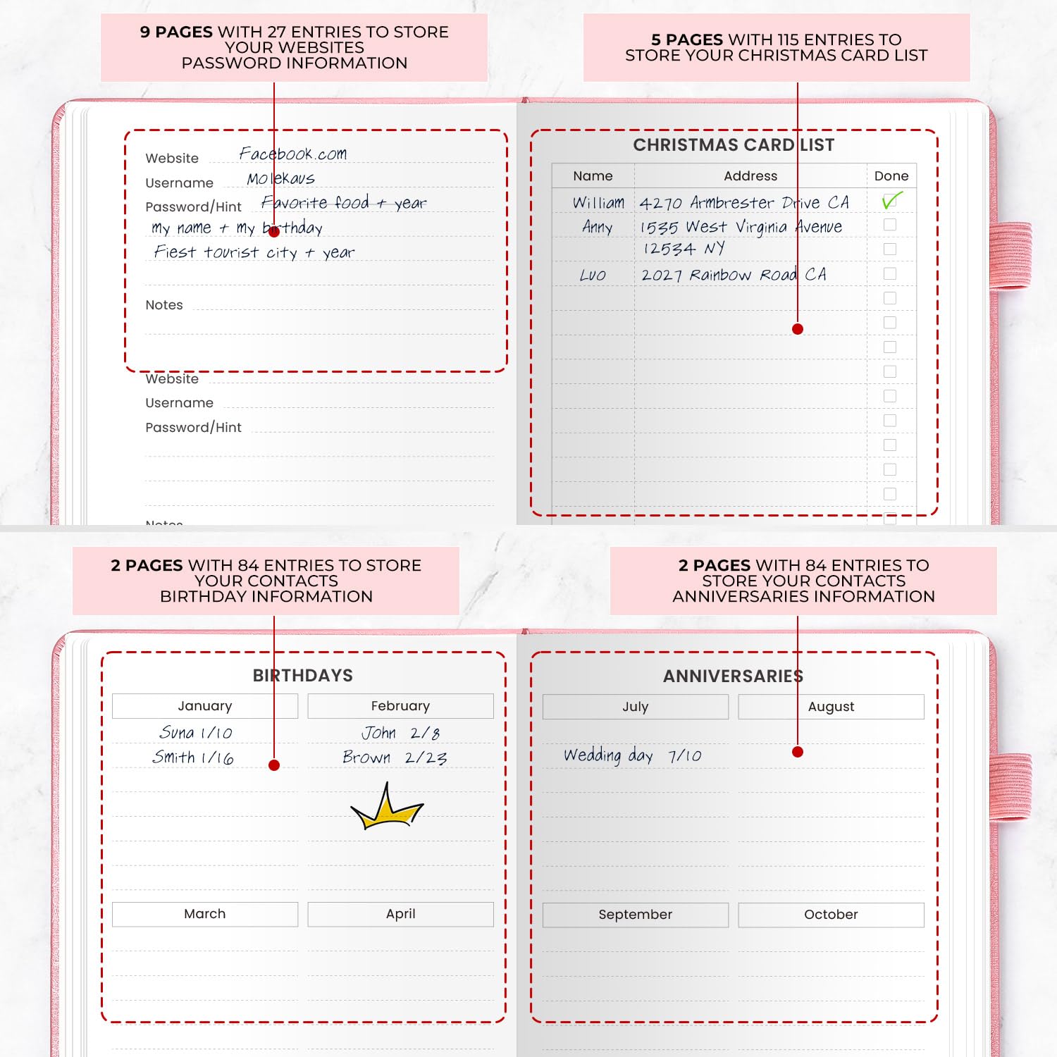 Address Book with Alphabetical Tabs,Hardcover Small Passwordbook,Phone Book Contact Book Large Print for Phone Numbers,Internet Website Logins,Address Books for Seniors 5"*7.6"-Pink