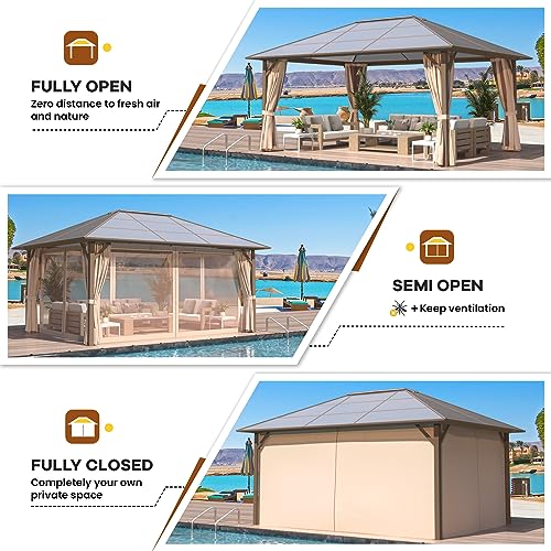 YOLENY 12'x16' Hardtop Gazebo, Outdoor Polycarbonate Roof Canopy, Aluminum Frame Permanent Pavilion with Curtains and Netting, Sunshade for Garden, Patio, Lawns