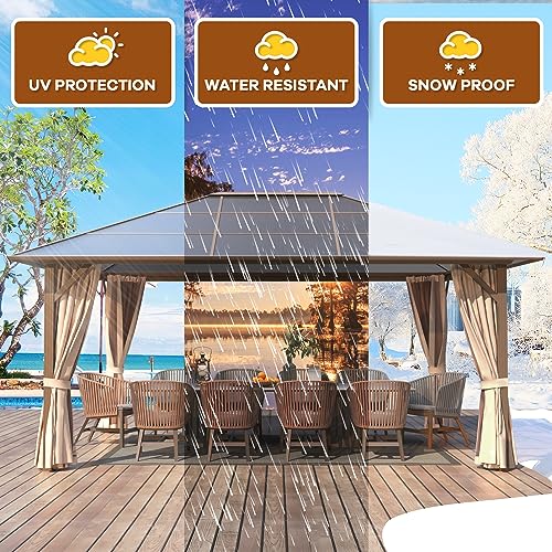 YOLENY 12'x16' Hardtop Gazebo, Outdoor Polycarbonate Roof Canopy, Aluminum Frame Permanent Pavilion with Curtains and Netting, Sunshade for Garden, Patio, Lawns