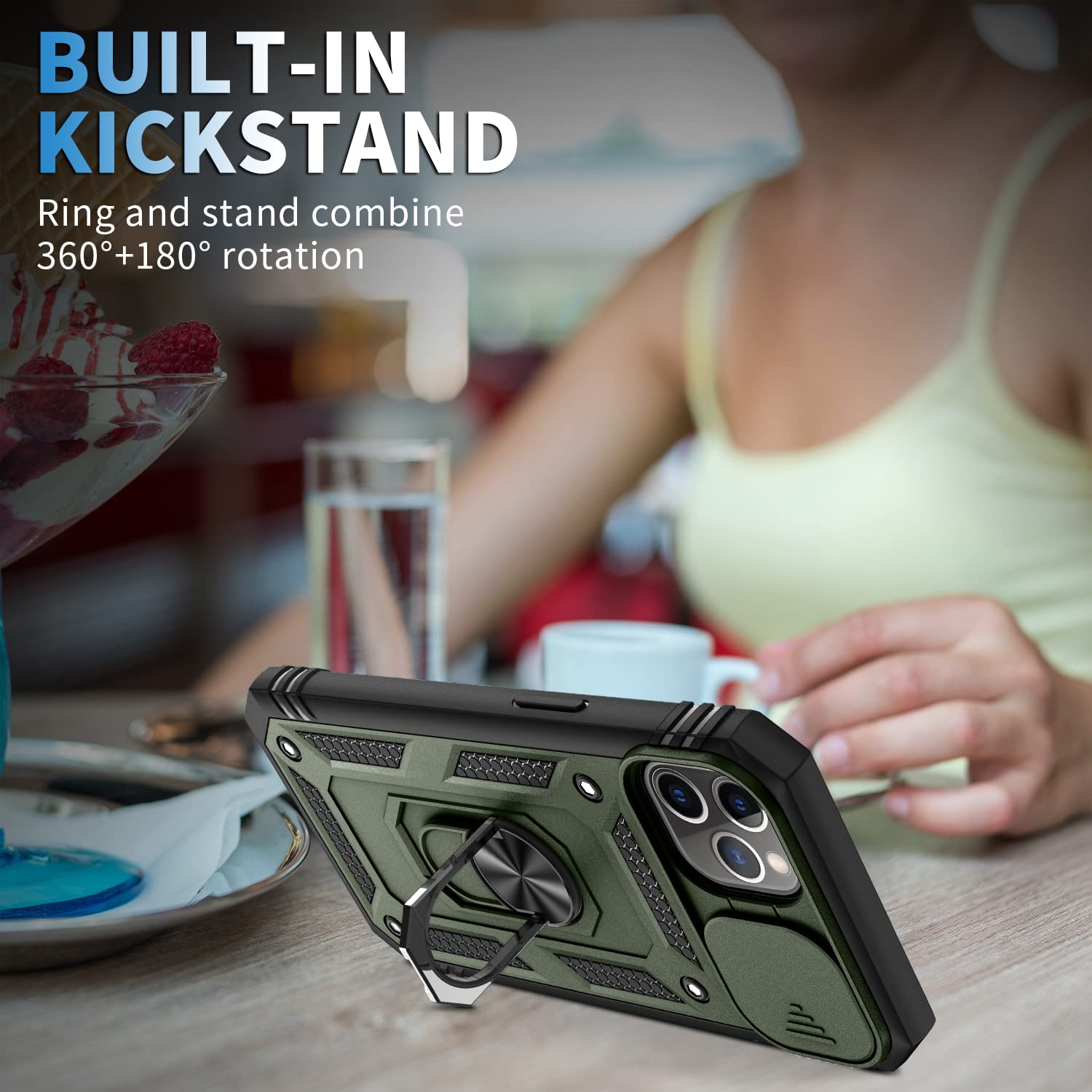 PASNEW for iPhone 13 Pro Max Case Military,Camera Cover Slide & Magnetic Ring Kickstand,Multi-Layer Rugged Heavy Duty Full Body Shockproo Hard Shell 13Promax,Army Green