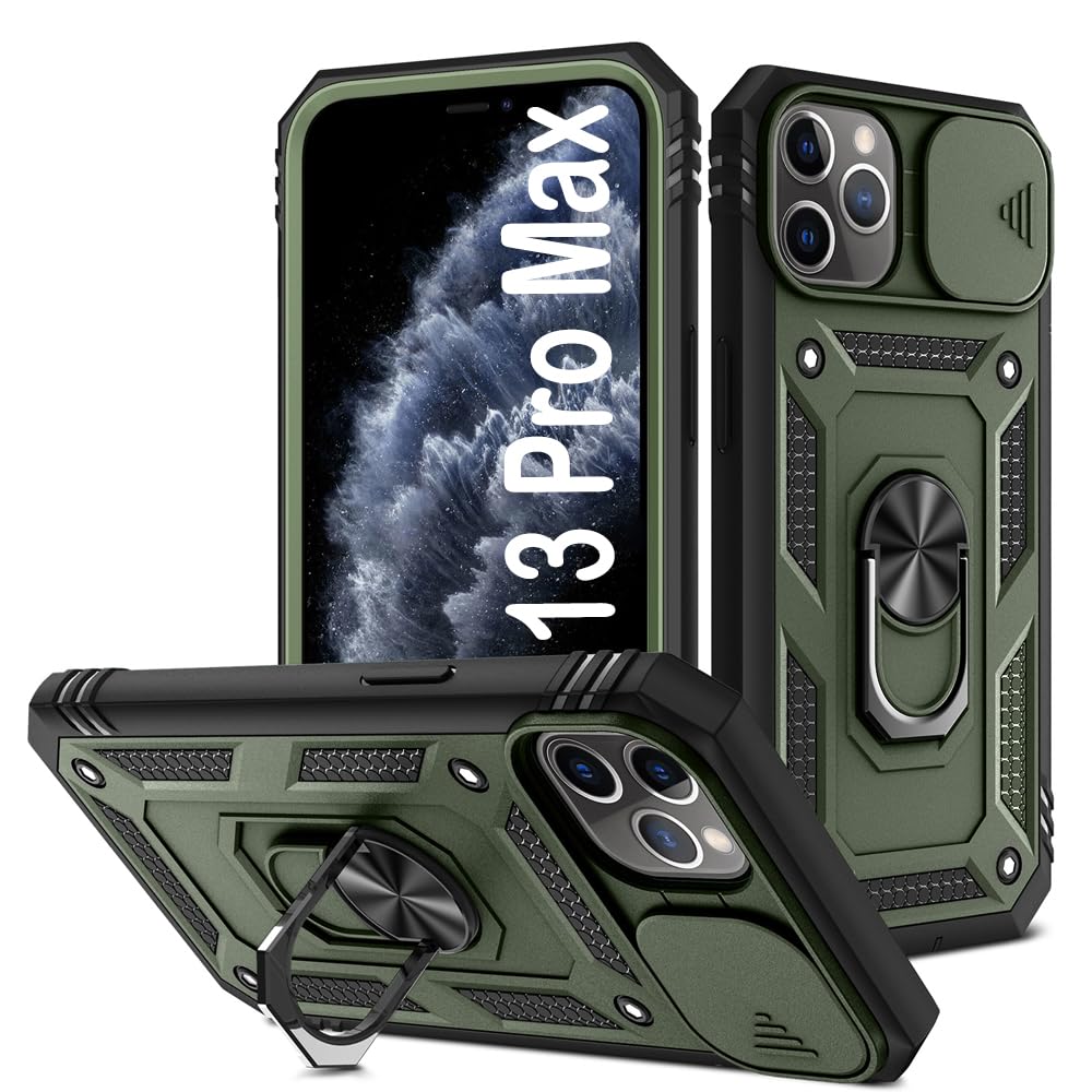 PASNEW for iPhone 13 Pro Max Case Military,Camera Cover Slide & Magnetic Ring Kickstand,Multi-Layer Rugged Heavy Duty Full Body Shockproo Hard Shell 13Promax,Army Green