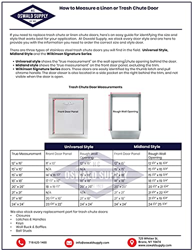 Oswald Supply Midland Style Stainless Steel Trash Chute Door - Bottom Hinged, 12"(W) X 15"(H), Self Closing, Fire Rated & UL Approved