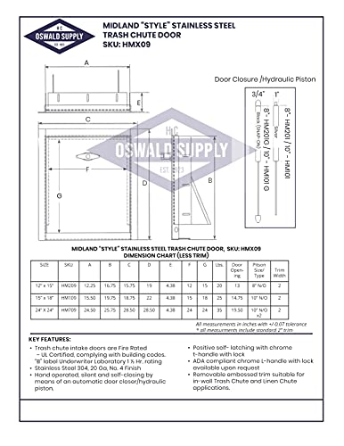 Oswald Supply Midland Style Stainless Steel Trash Chute Door - Bottom Hinged, 12"(W) X 15"(H), Self Closing, Fire Rated & UL Approved
