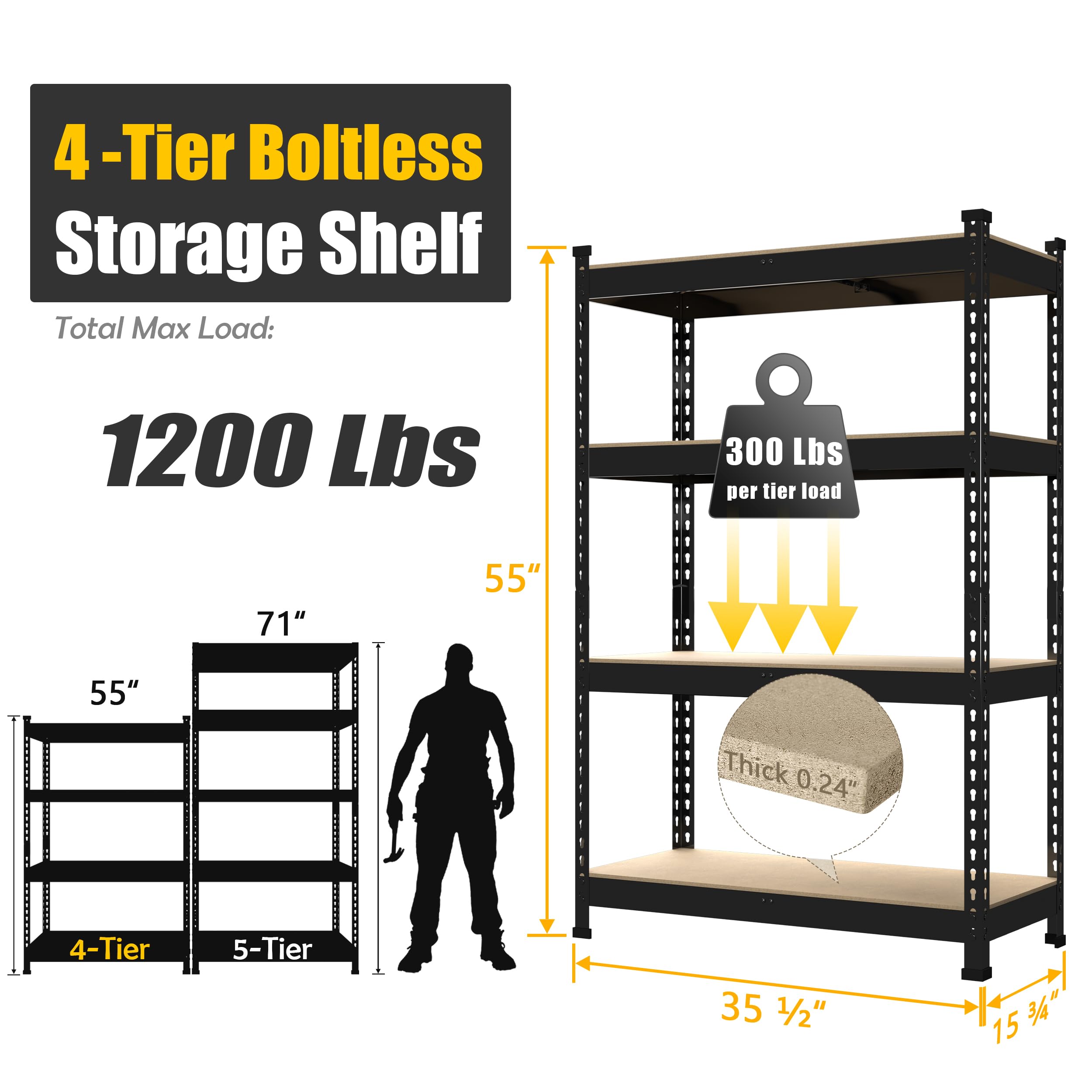 PrimeZone 4 Tier 36" W x 16" D x 55" H Storage Shelves - Adjustable Garage Storage Shelving, Heavy Duty Metal Storage Utility Rack Shelf Unit for Warehouse Pantry Closet Kitchen, Black