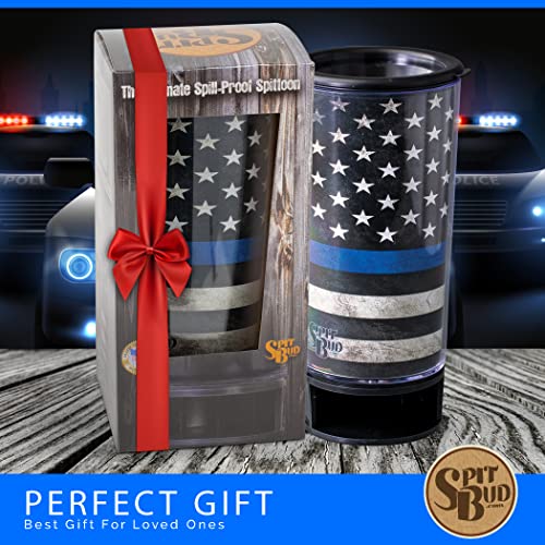 Blue Lives Matter by Spit Bud - The Ultimate Spittoon for Chew - Portable Dip & Snuff Cup with Lid, Pop Tab, Spill-Proof Funnel, Can Cutter & Holder - Fit in Cup Holders - Holds 8oz - Made in USA